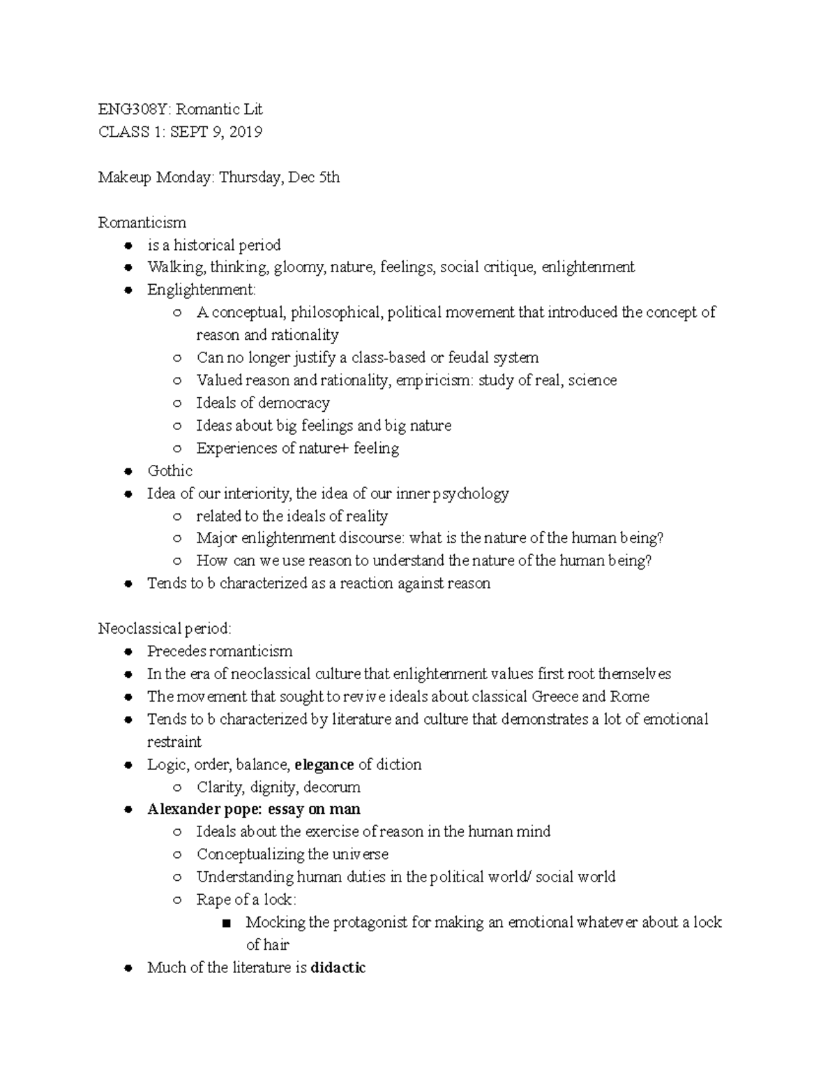 ENG308Y - ENG308: ROMANTIC POETRY AND PROSE FALL 2019 LECTURE NOTES ...