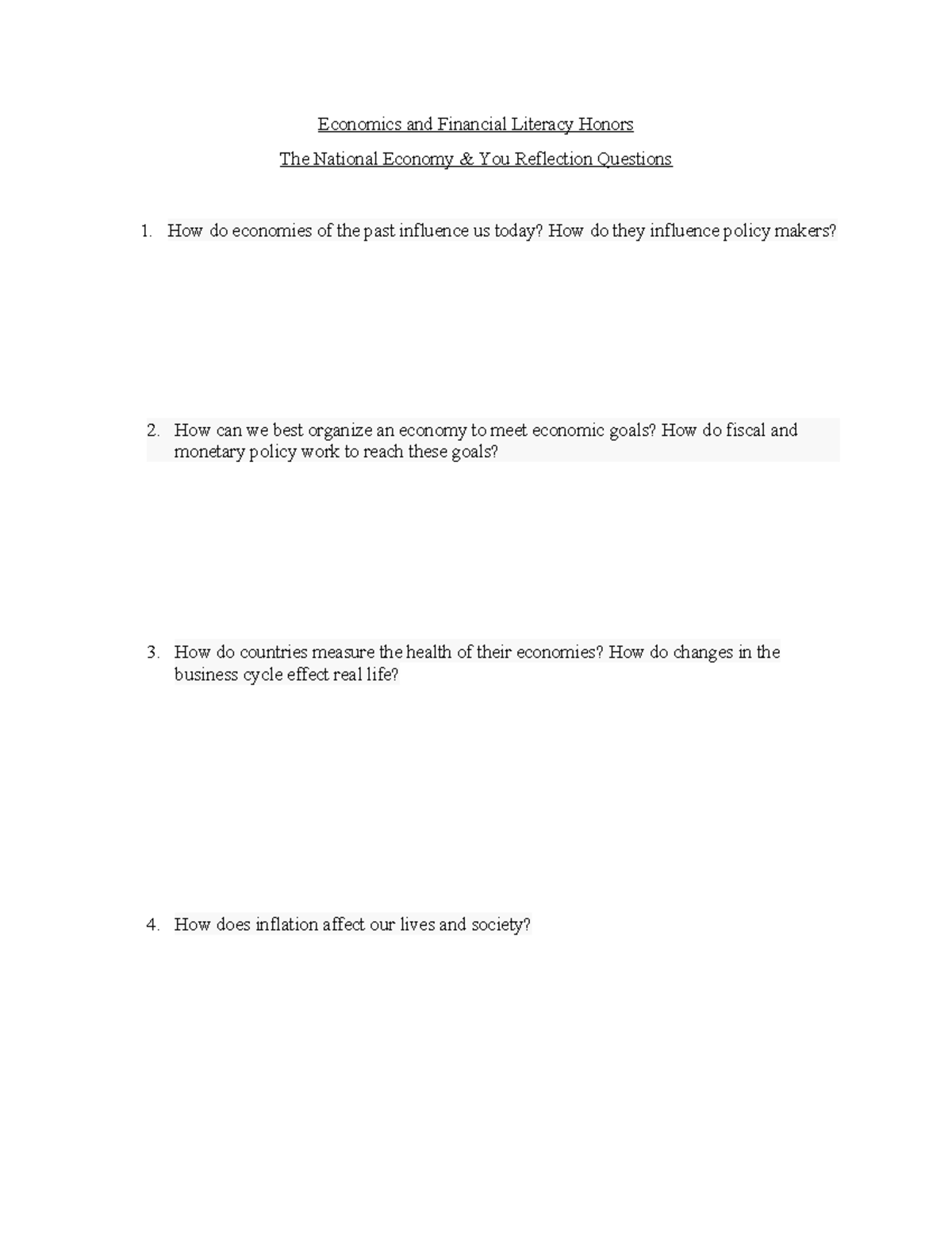 National Economy and You Reflection Questions - Economics and Financial ...