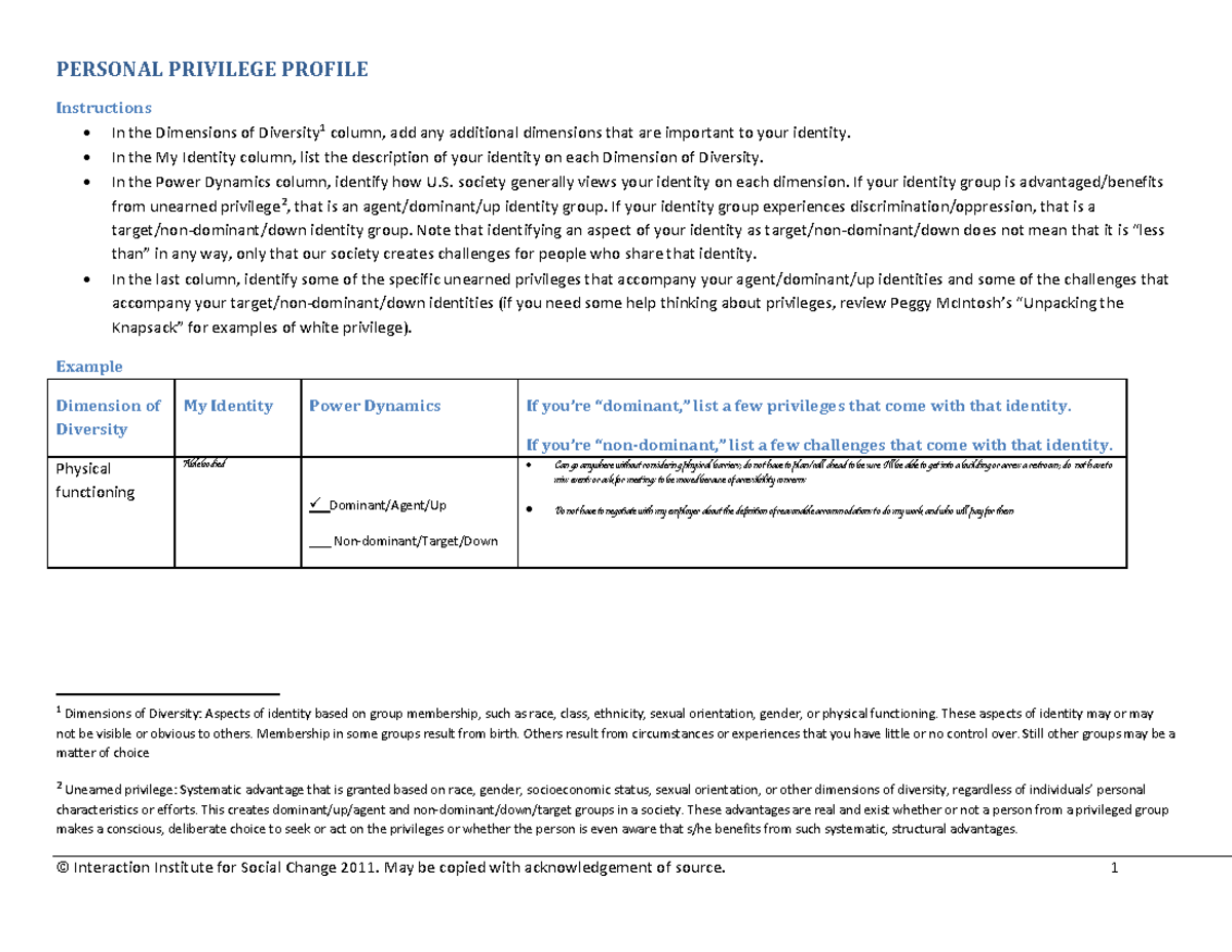 Priviledge Profile - Understanding privilege - PERSONAL PRIVILEGE ...