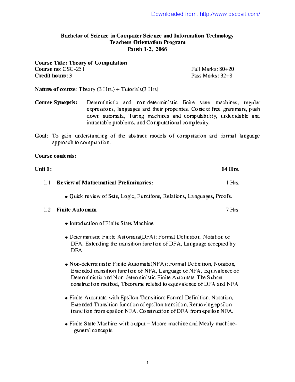 Toc detailed syllabus - Bachelor of Science in Computer Science and ...