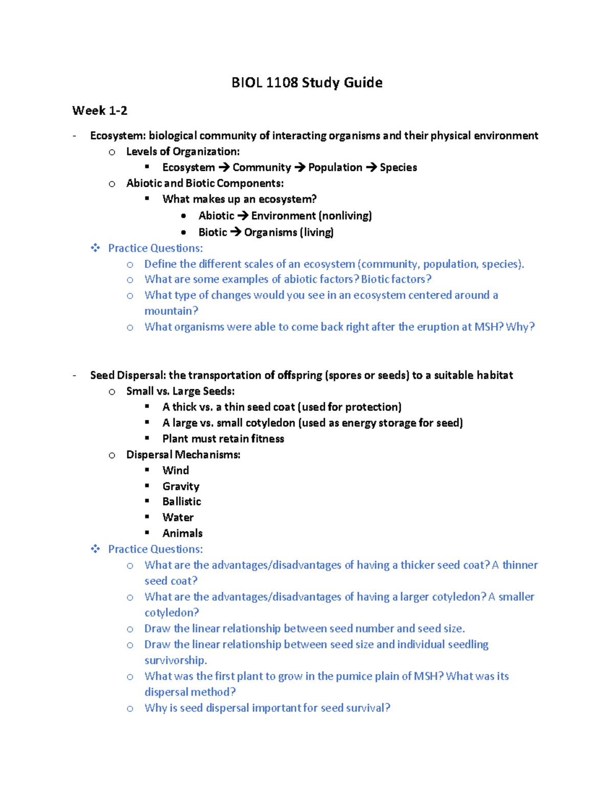 BIOL 1108 Study Guide- Weeks 1 and 2 - BIOL 1108 Study Guide Week 1 ...