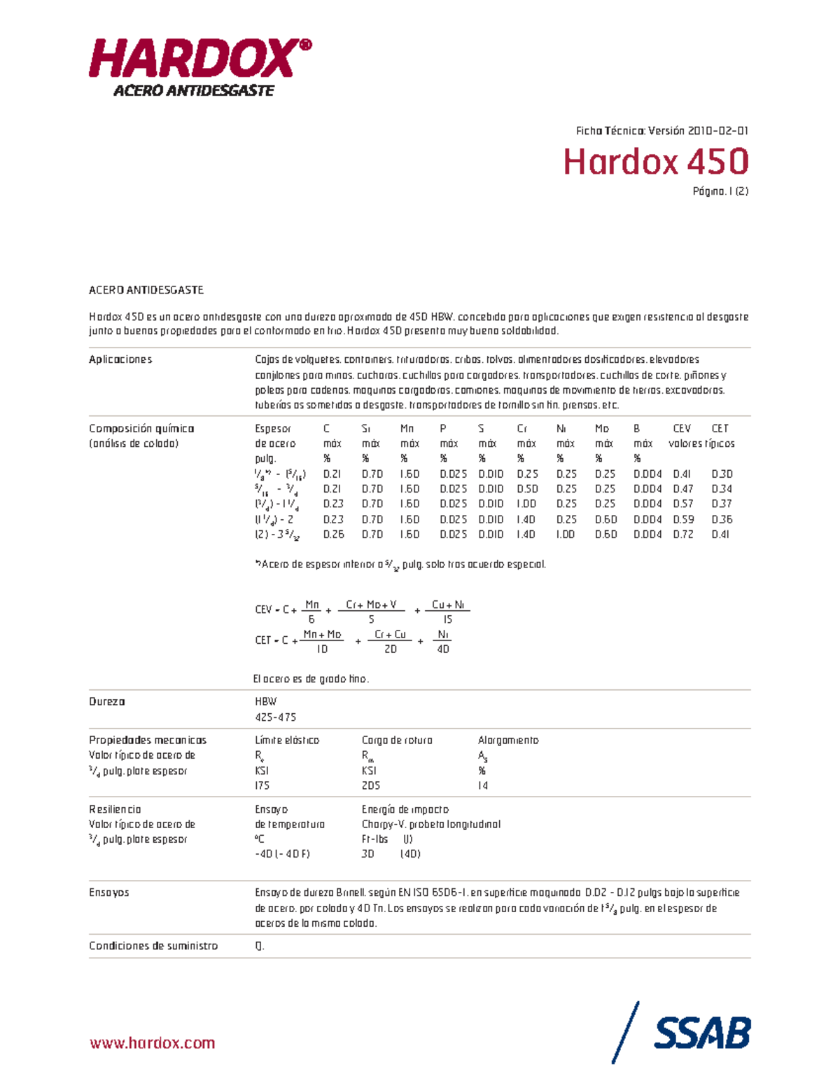 Ficha Técnica Hardox 450 - ACERO ANTIDESGASTE Hardox 450 es un acero ...