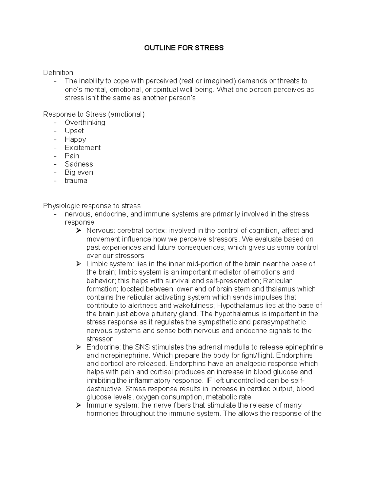 NUR 3200 Outline FOR Stress - OUTLINE FOR STRESS Definition - The ...