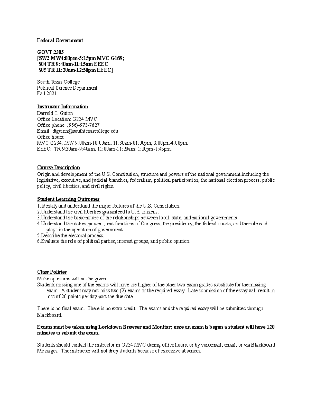 Syllabus GOVT 2305 FALL 2021 - Federal Government GOVT 2305 [SW2 MW4 ...