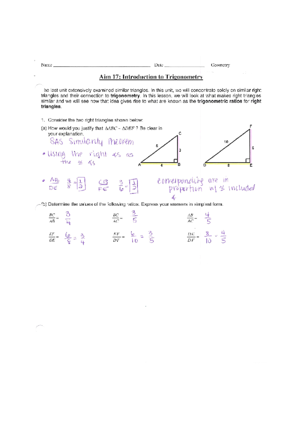 Aim 17 - Intro to Trig - key - Name Date Geometry Aim 17: Introduction ...