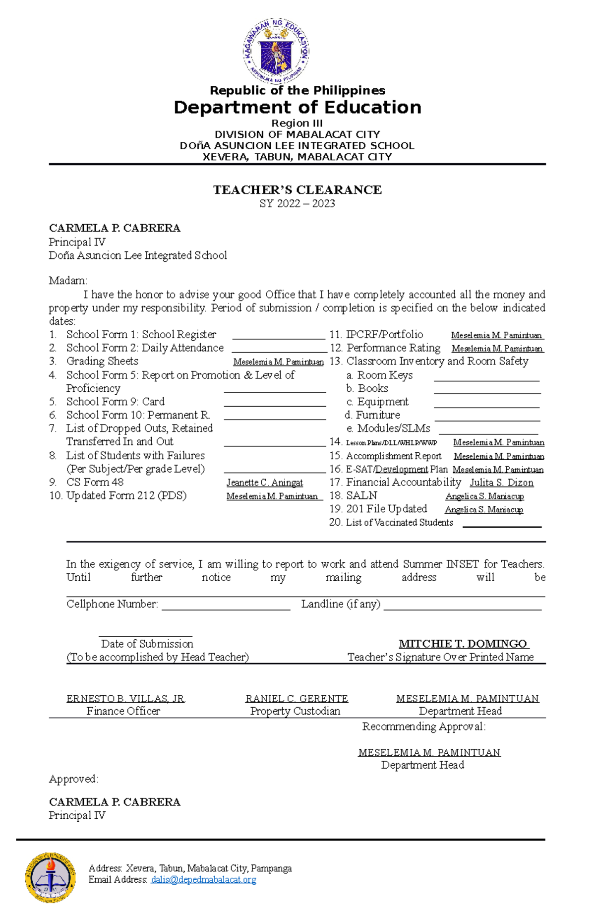 RICA High School Teachers Clearance 2022 Revised 2 - Republic of the ...