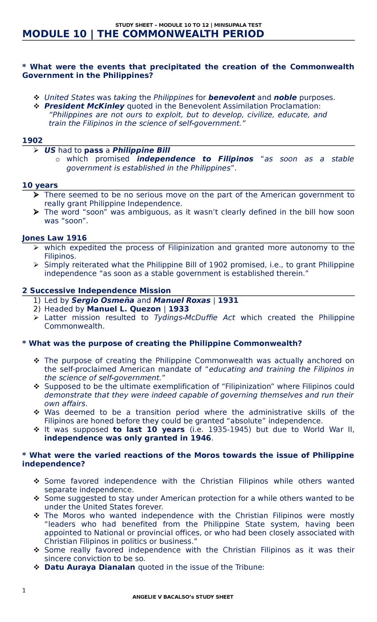 Minsupala Study Sheet - Mindanao, Sulu, and Palawan Course - MODULE 10 | THE COMMONWEALTH PERIOD ...