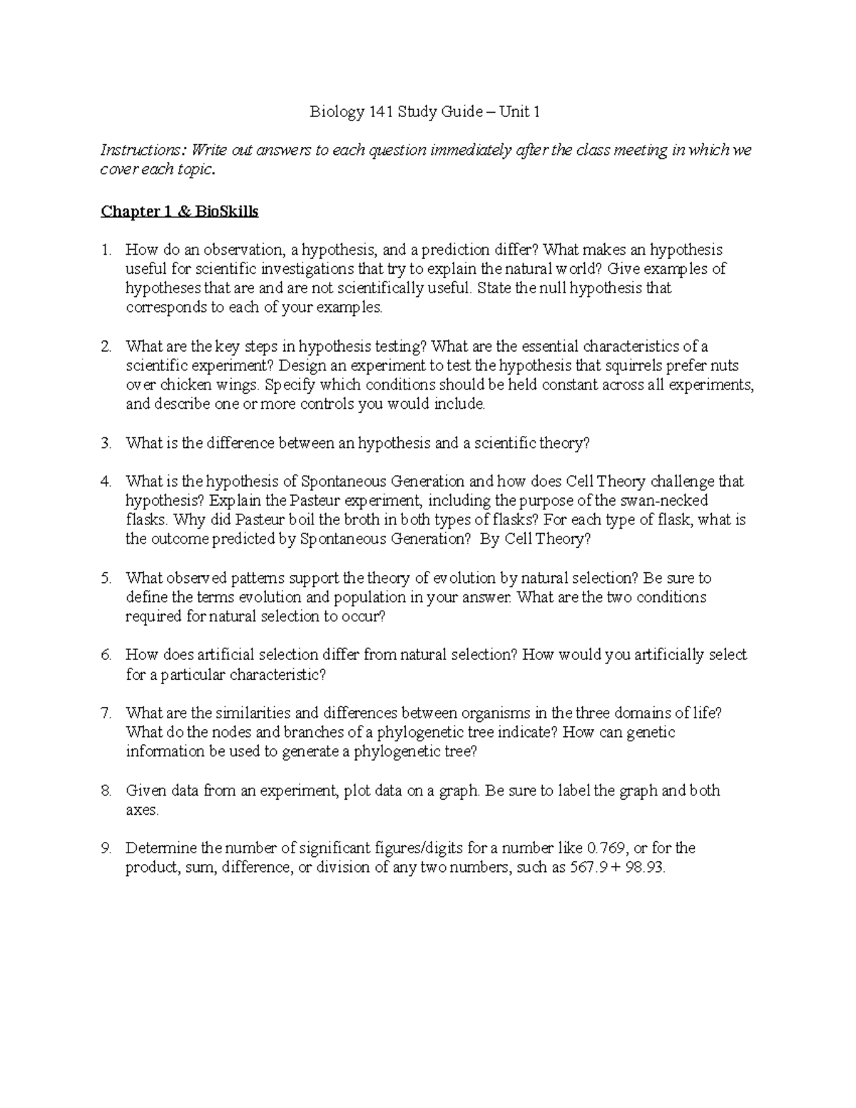 Unit 1 Study Guide updated - Biology 141 Study Guide – Unit 1 ...