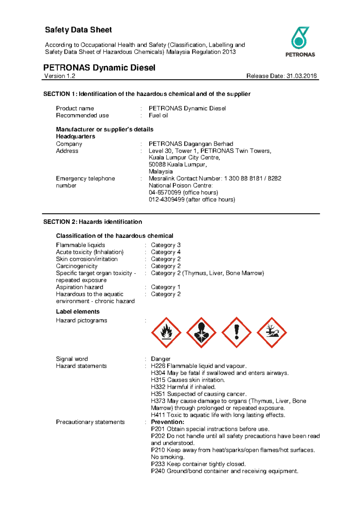 468241603 Petronas Dynamic Diesel - According to Occupational Health ...