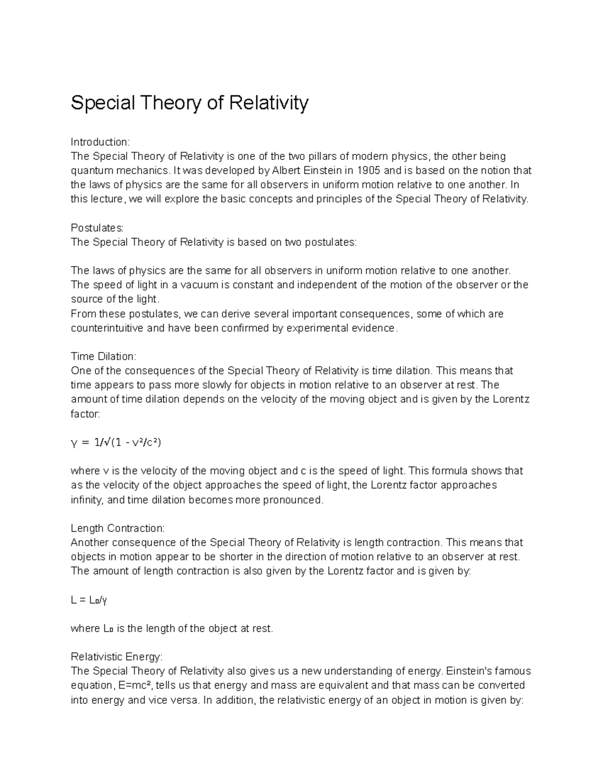 General Physics Iii Phy 2040 Lecture 1 Special Theory Of Relativity Special Theory Of