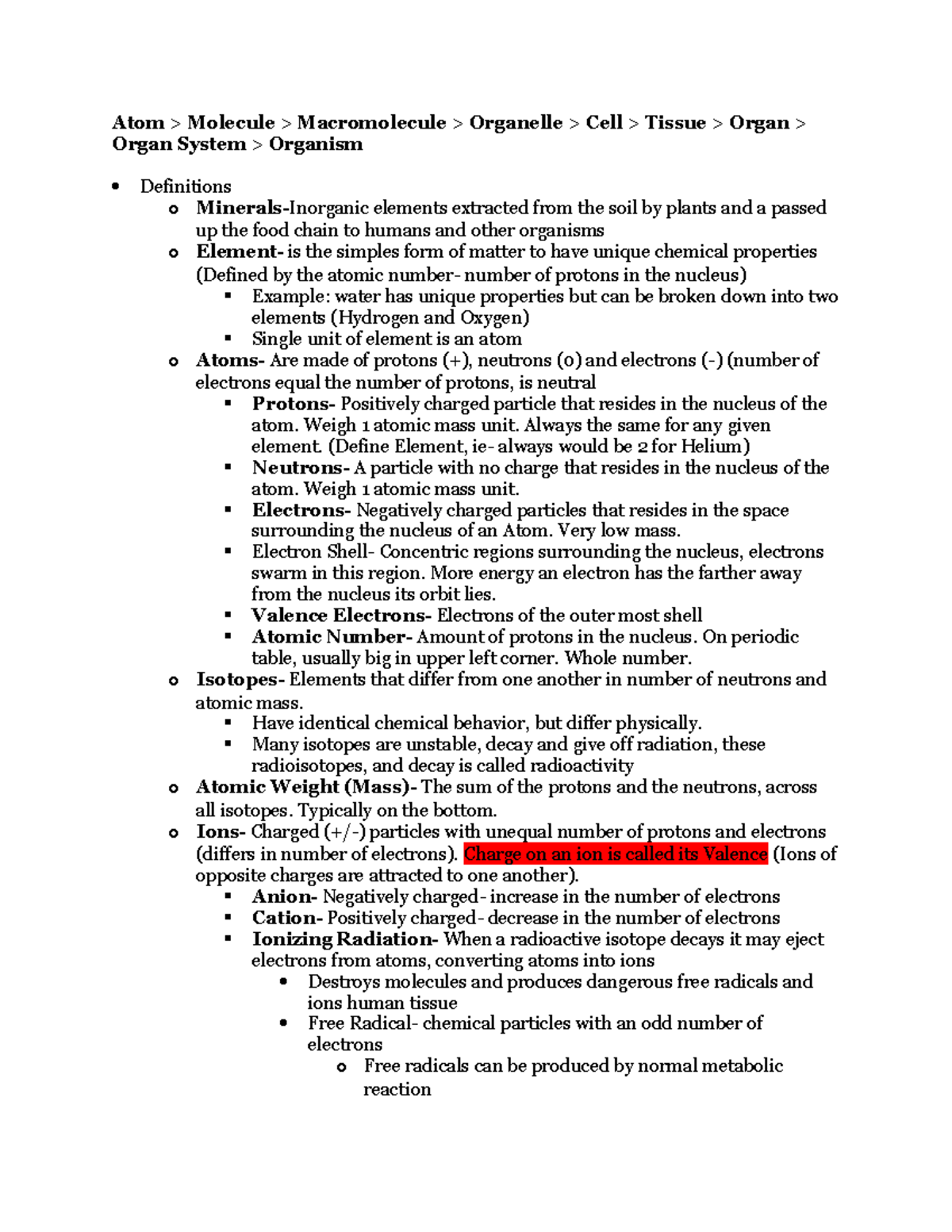Chapter 1 AP - Notes - Atom > Molecule > Macromolecule > Organelle ...