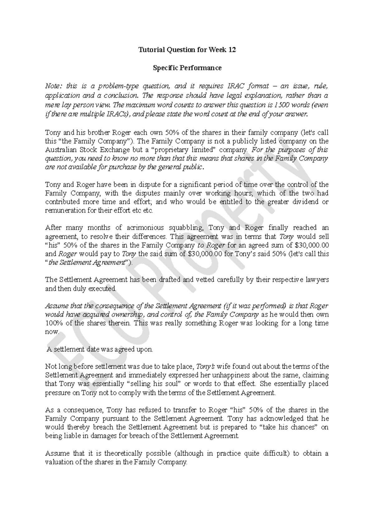 Week 12 Tutorial Question - Tutorial Question for Week 12 Specific Performance Note: this is a ...