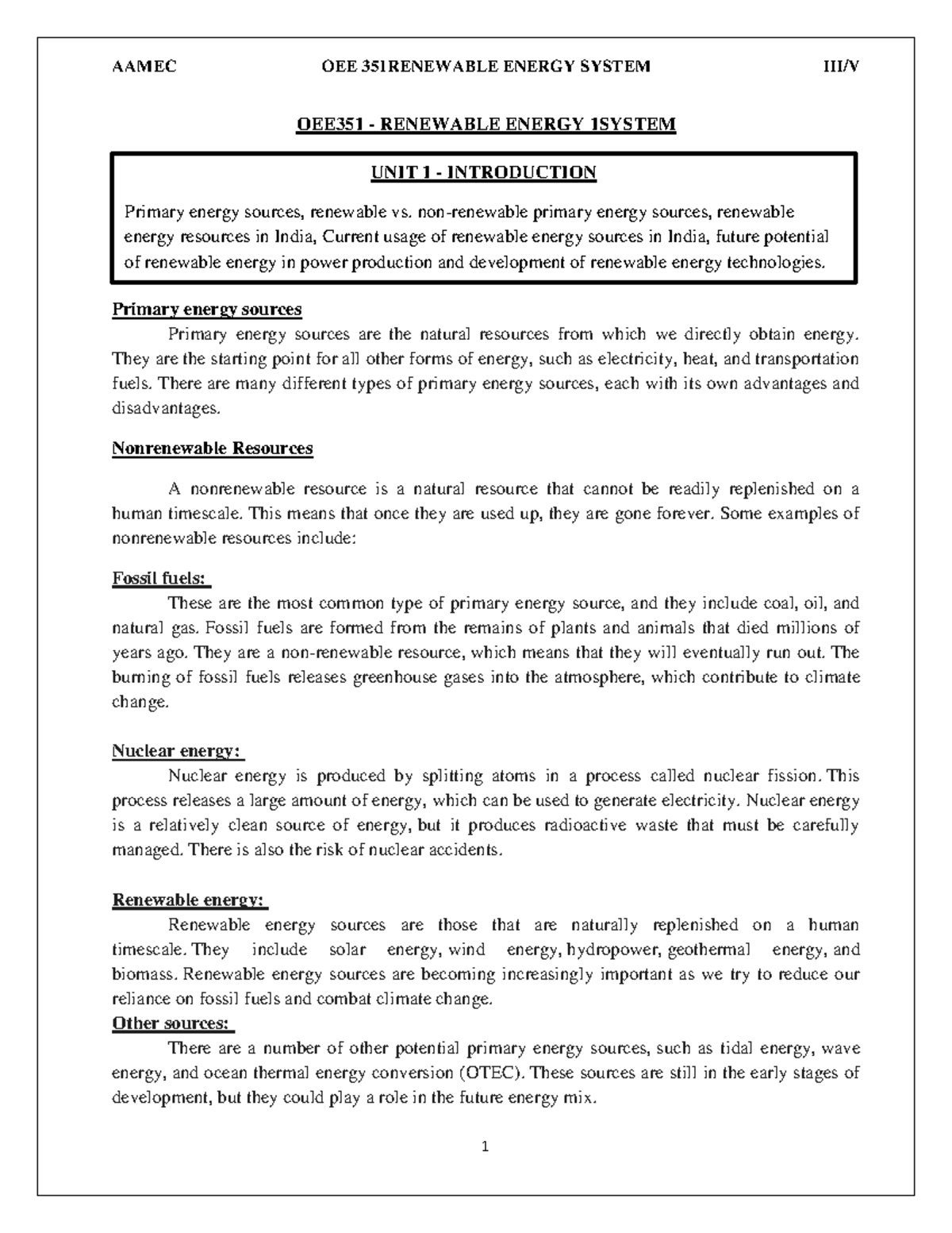 Res1 - res - OEE351 - RENEWABLE ENERGY 1SYSTEM Primary energy sources ...