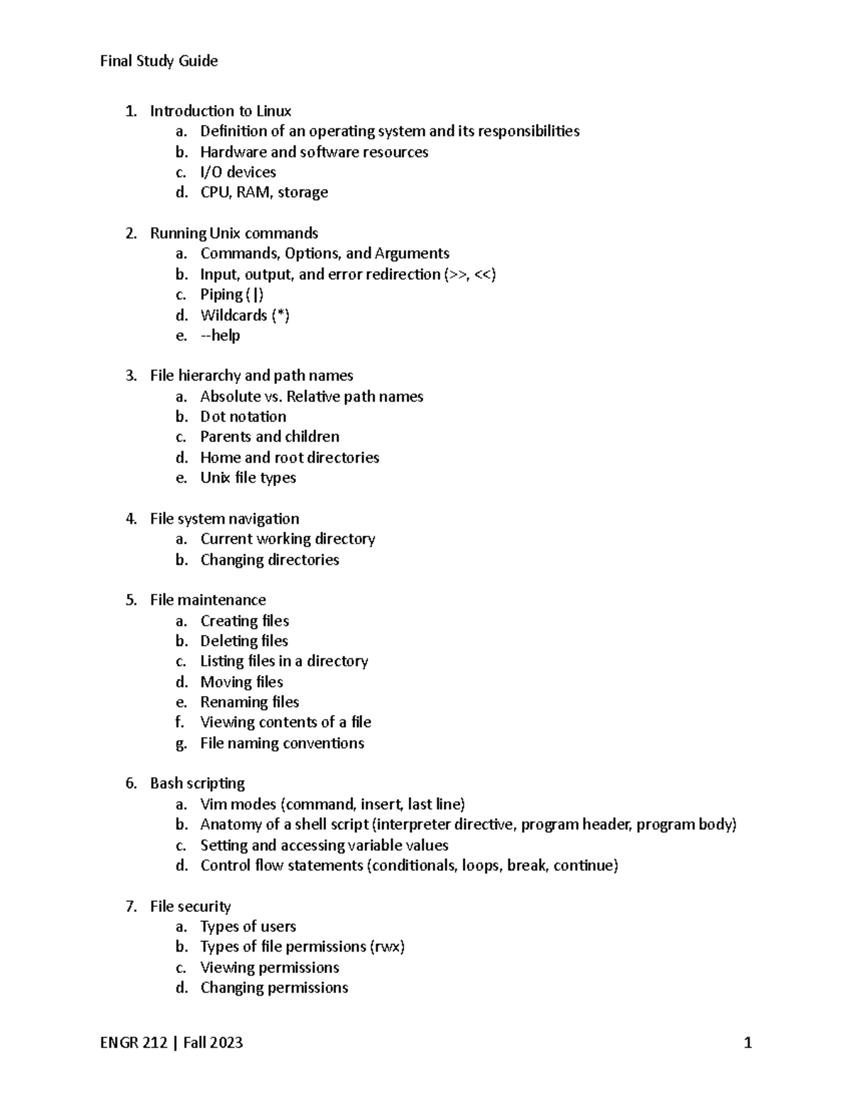 Final Study Guide - intro to linux - Final Study Guide ENGR 212 | Fall ...
