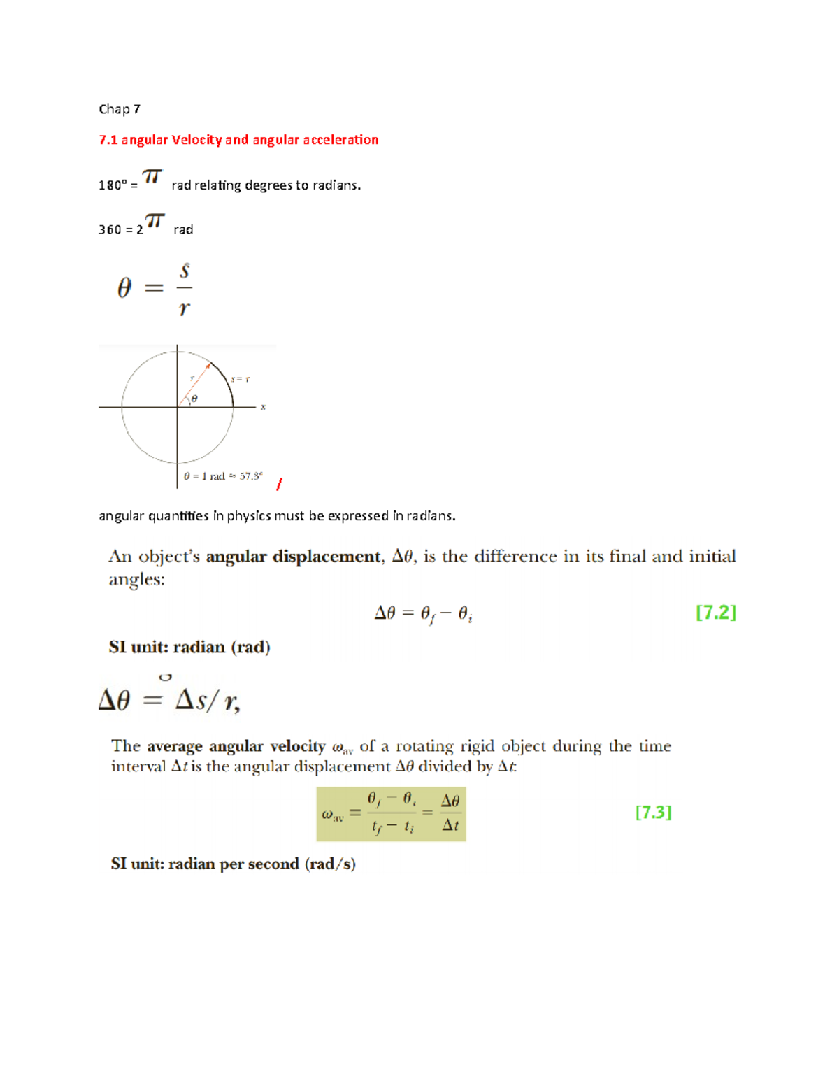 Chap 7 - Summaries - Chap 7 7 angular Velocity and angular acceleration 180° = rad relating ...