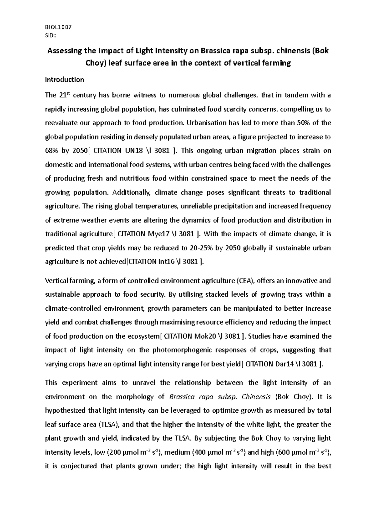 BIOL1007 Scientific Report - SID: Assessing the Impact of Light ...
