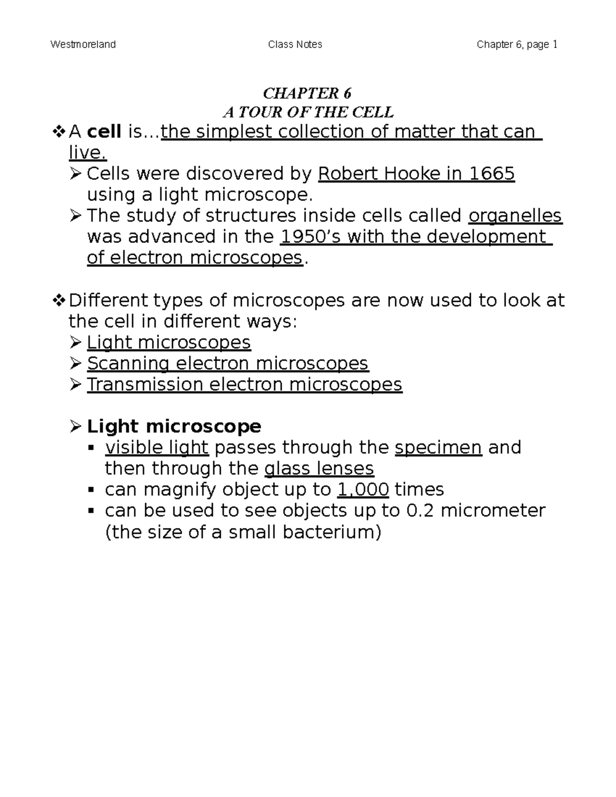 Chapter 6: A Tour of the Cell - Westmoreland Class Notes Chapter 6 ...