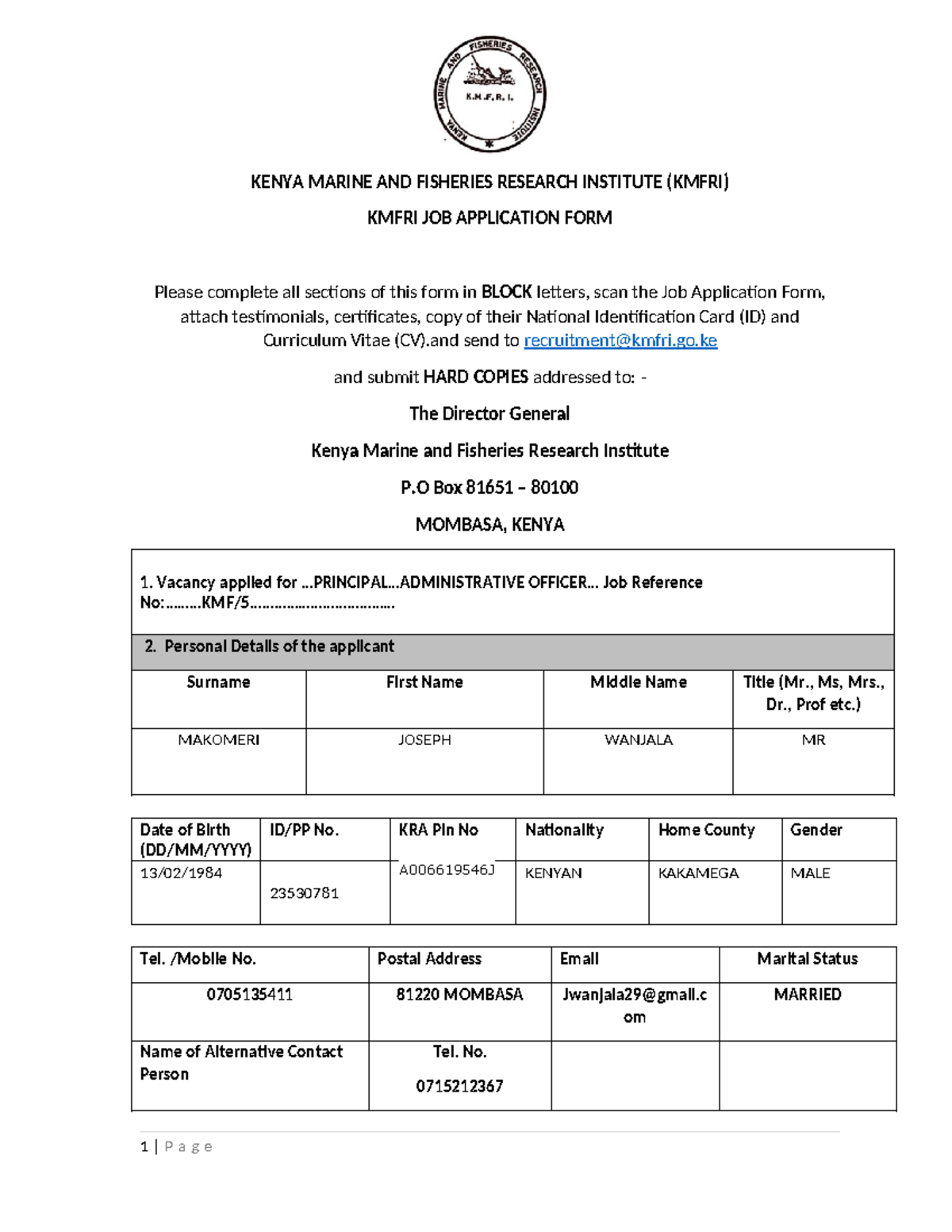 Kmfri Job Application Form May 2022 - KENYA MARINE AND FISHERIES ...