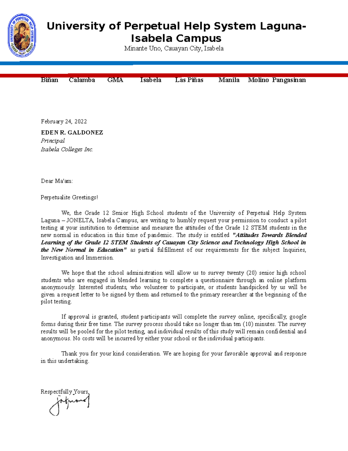 Letter for Pilot Testing 1 - University of Perpetual Help System Laguna ...
