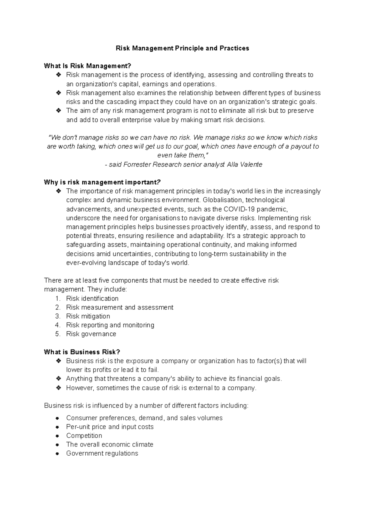 Risk Management Principle and Practices - Risk management also examines ...