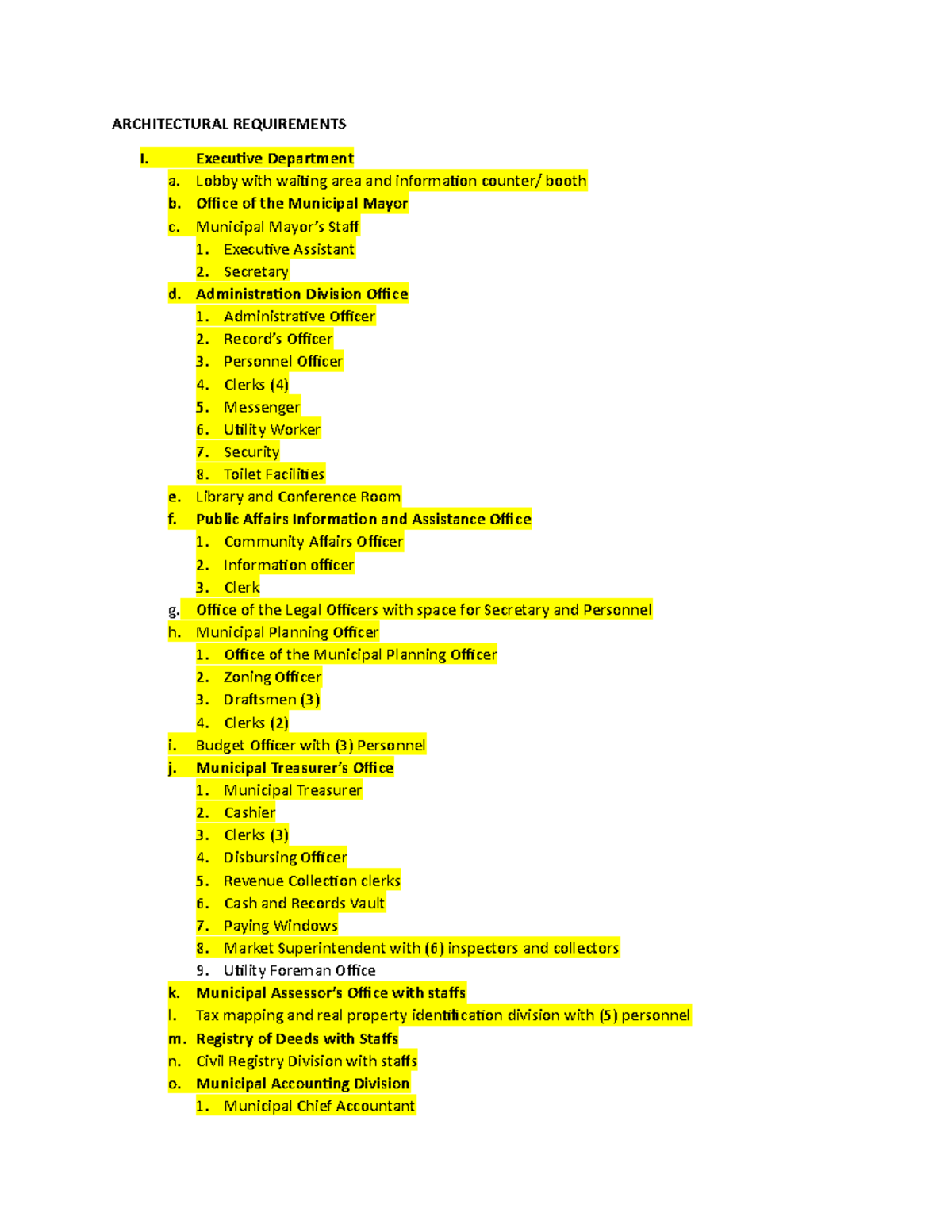 space requirements - ARCHITECTURAL REQUIREMENTS I. Executive Department ...