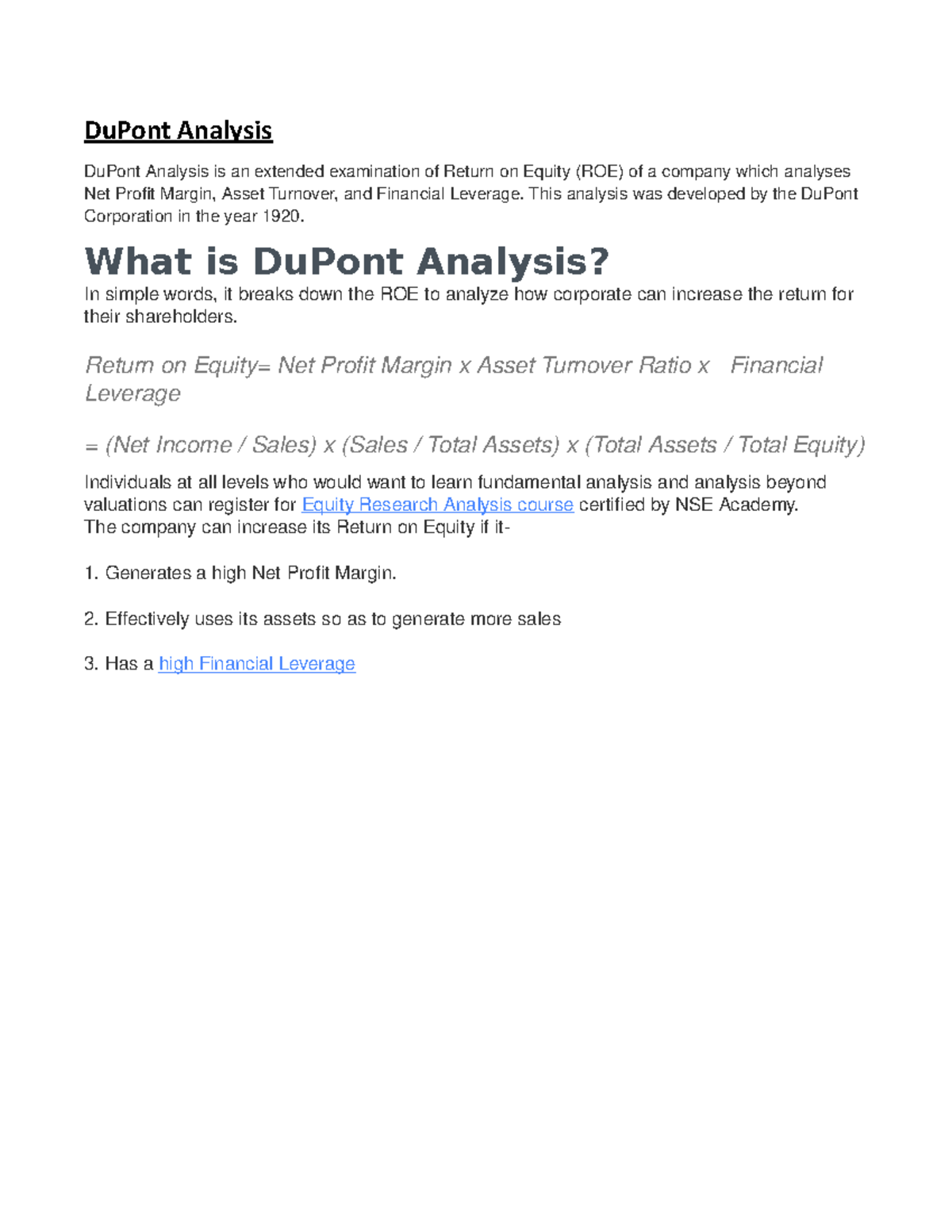 Du Pont Analysis - DuPont Analysis DuPont Analysis is an extended ...