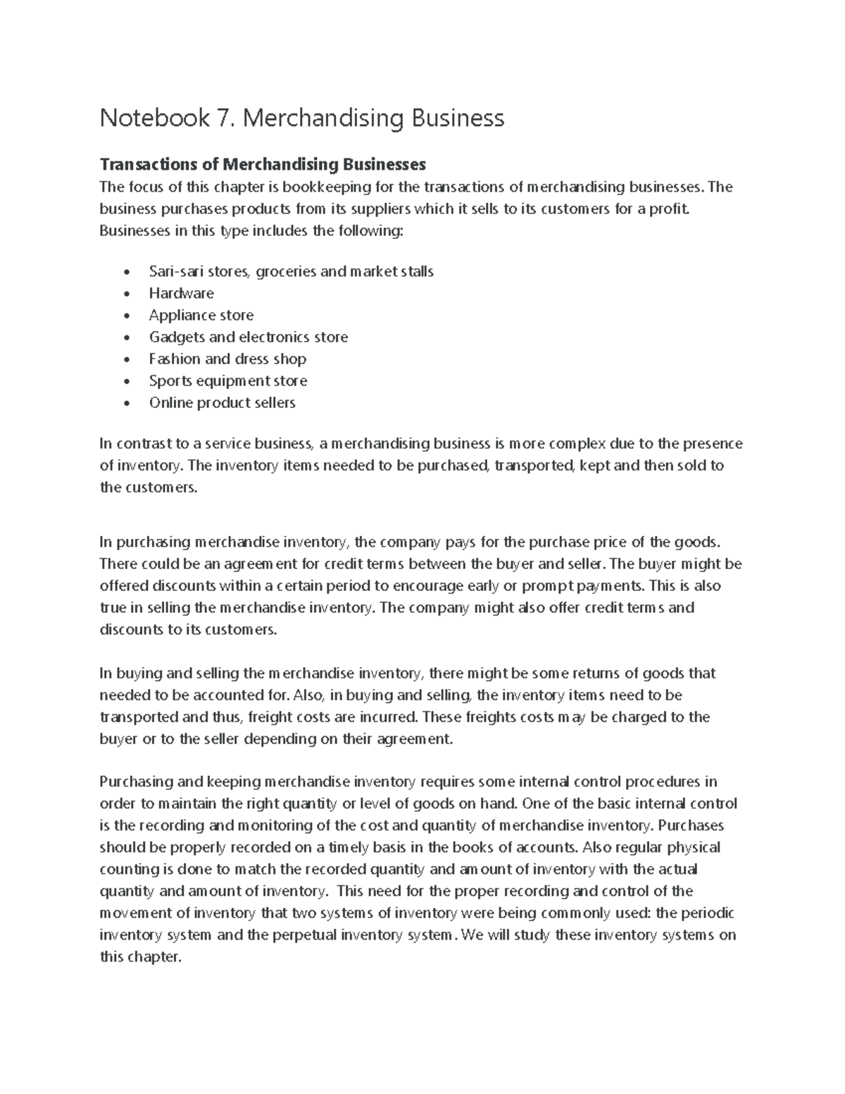 Notebook 7 - Merchandising Business - Notebook 7. Merchandising ...