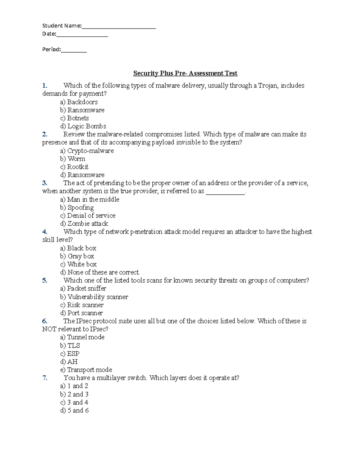 Security Plus Pre Test 1 - Date:________________ Period ...