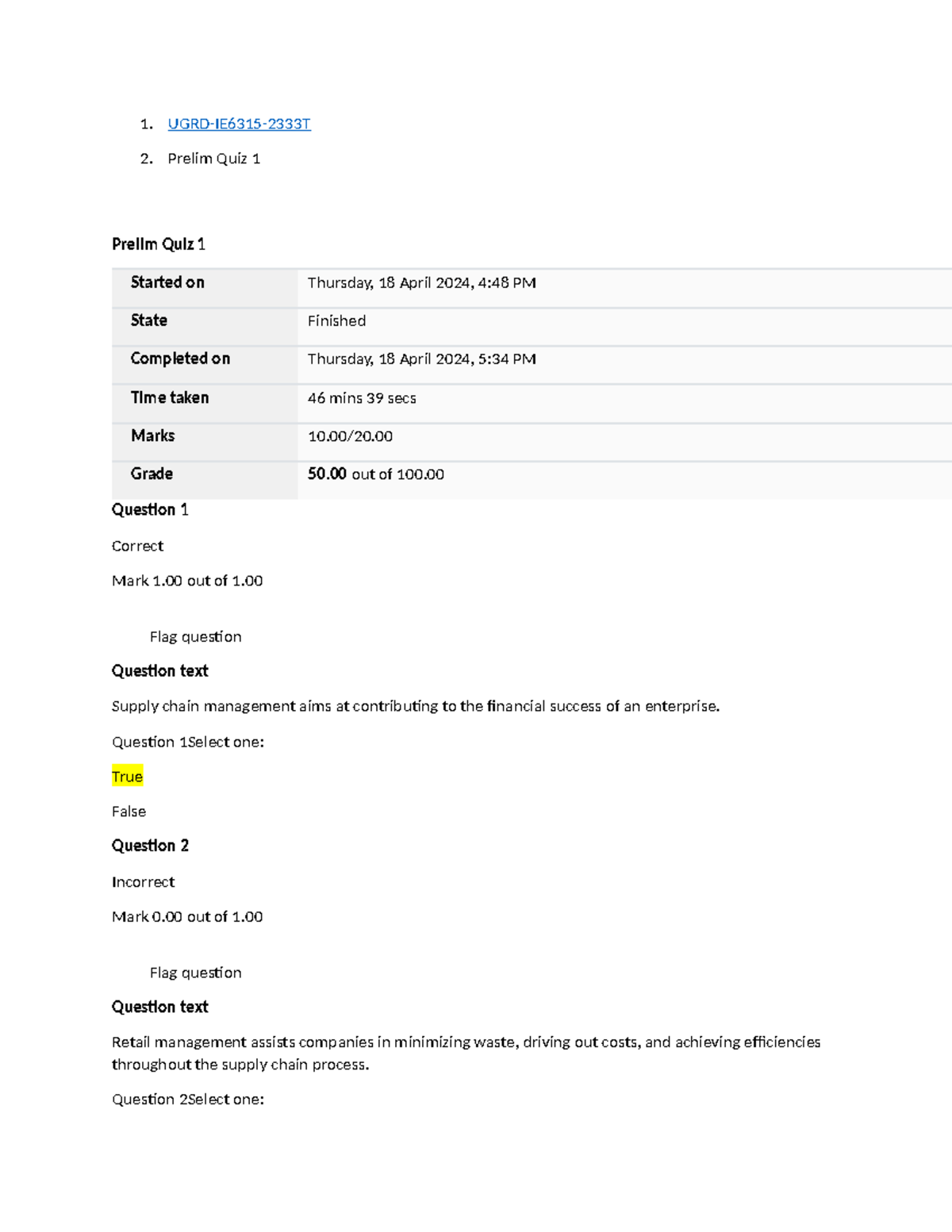 UGRD IE6315 Supply Chain Management Prelim-Final Quiz - 1. UGRD-IE6315-2333T Prelim Quiz 1 ...
