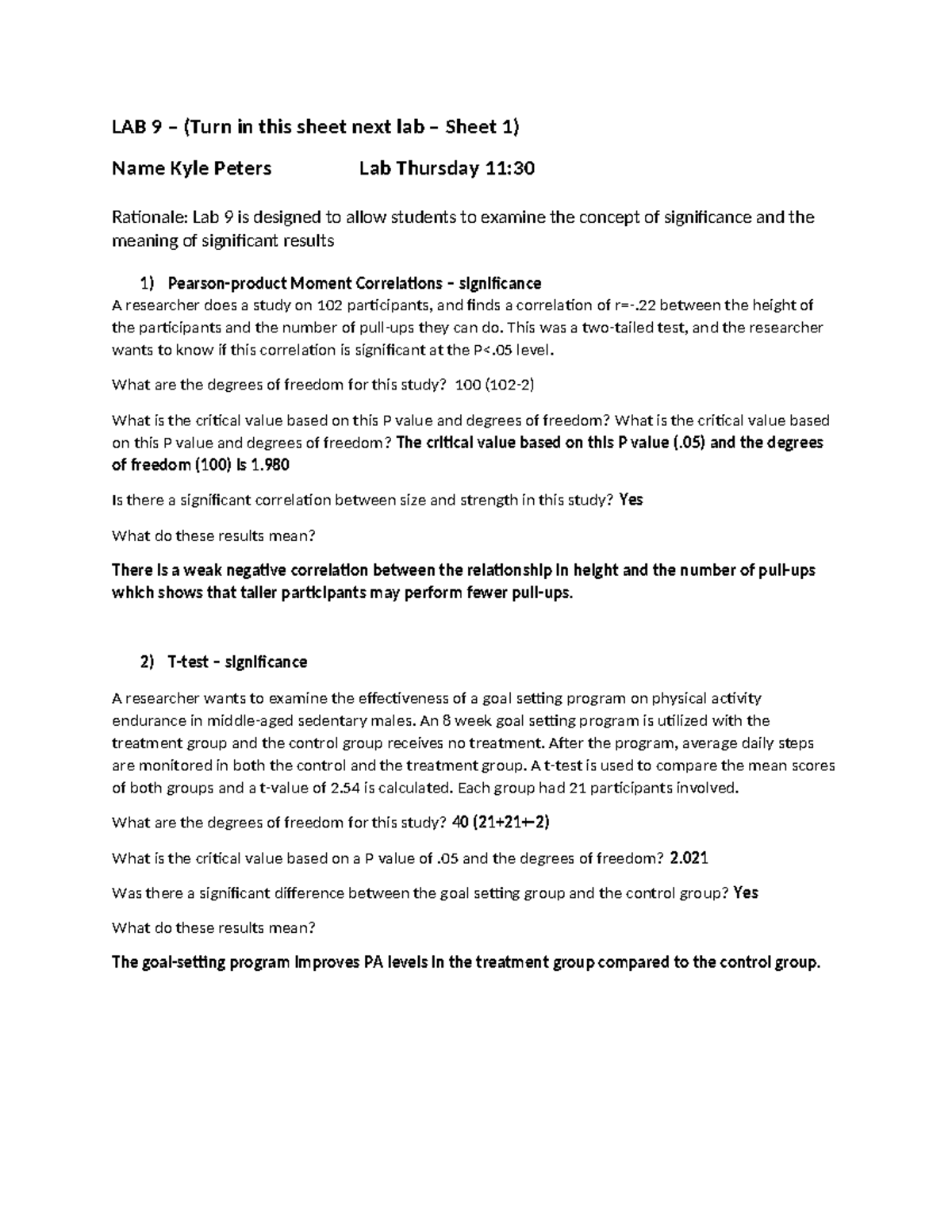 Kinesiology 310 Lab 9 Significance - LAB 9 – (Turn in this sheet next ...