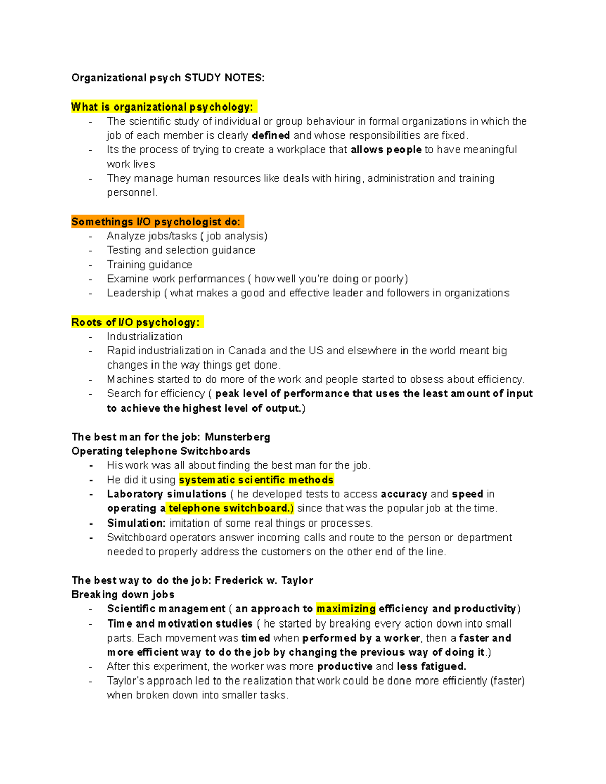 Organizational psych Study Notes -2 - Organizational psych STUDY NOTES ...