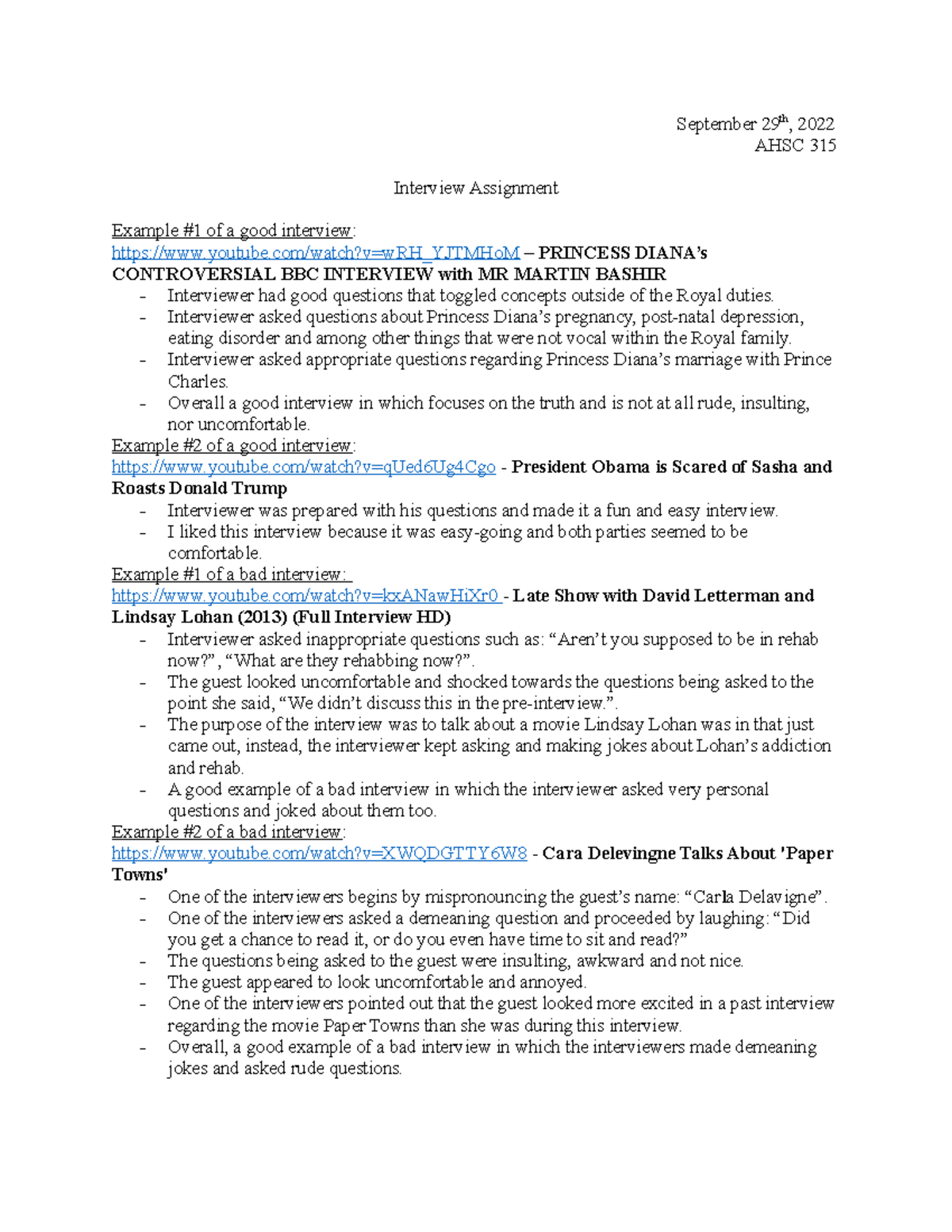 Interview Assignment - September 29th, 2022 AHSC 315 Interview ...