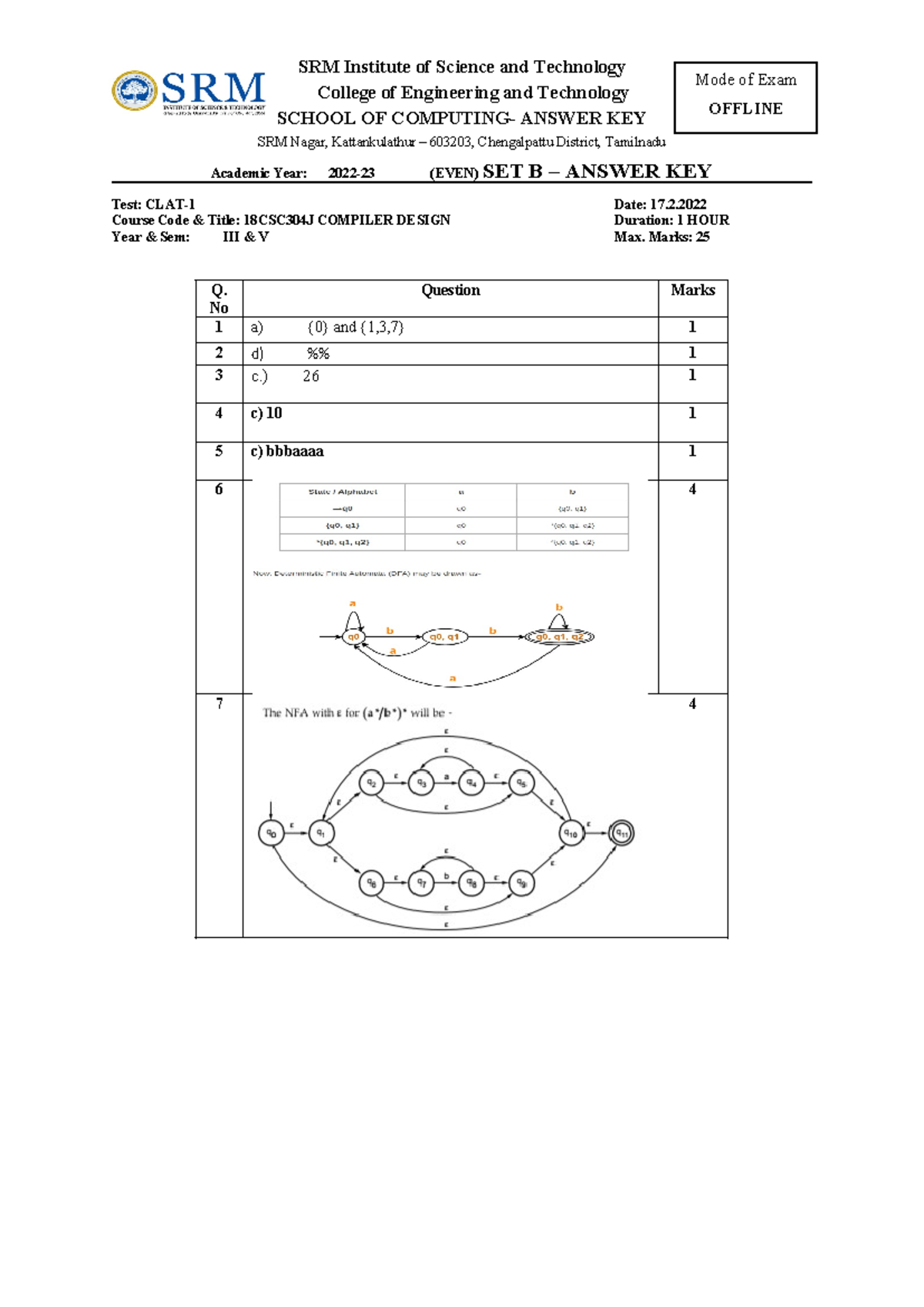 Cycle TEST 1- SET B - Compiler Design Answer KEY - SRM Institute of ...