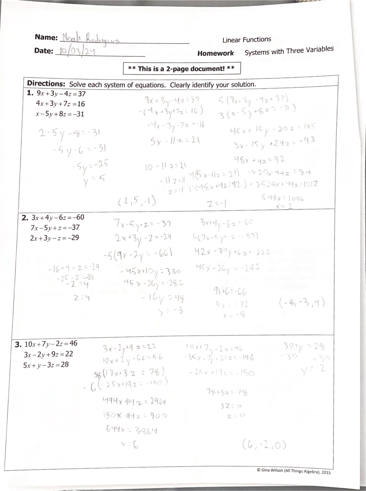 Honors Algebra 2 Unit 1 - Name: Noah Rolvigers Linear Functions Date ...