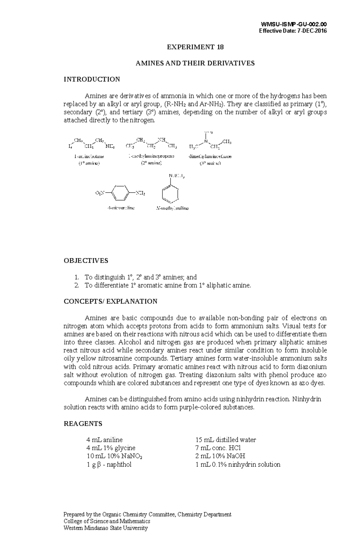Experiment 18- Coursework - Effective Date: 7-DEC- EXPERIMENT 18 AMINES AND THEIR DERIVATIVES ...