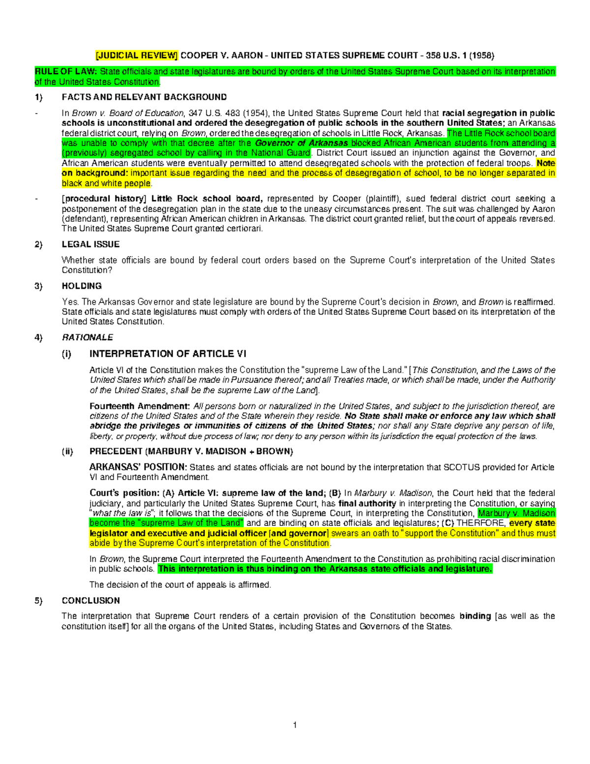 DETAILED CASE BRIEF & class notes Cooper v. AaRON (Arkansas ...