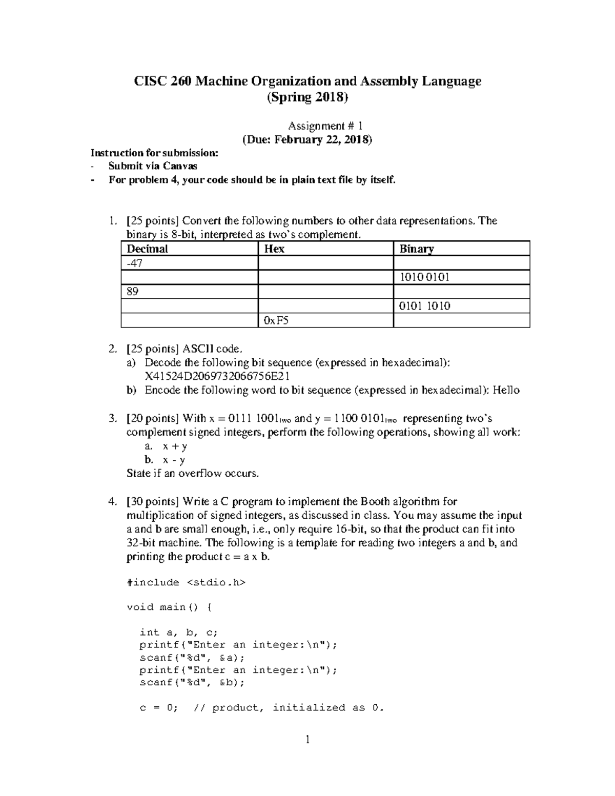 Cis260s18 hw1 - Homework assignment 1 - CISC 260 Machine Organization ...