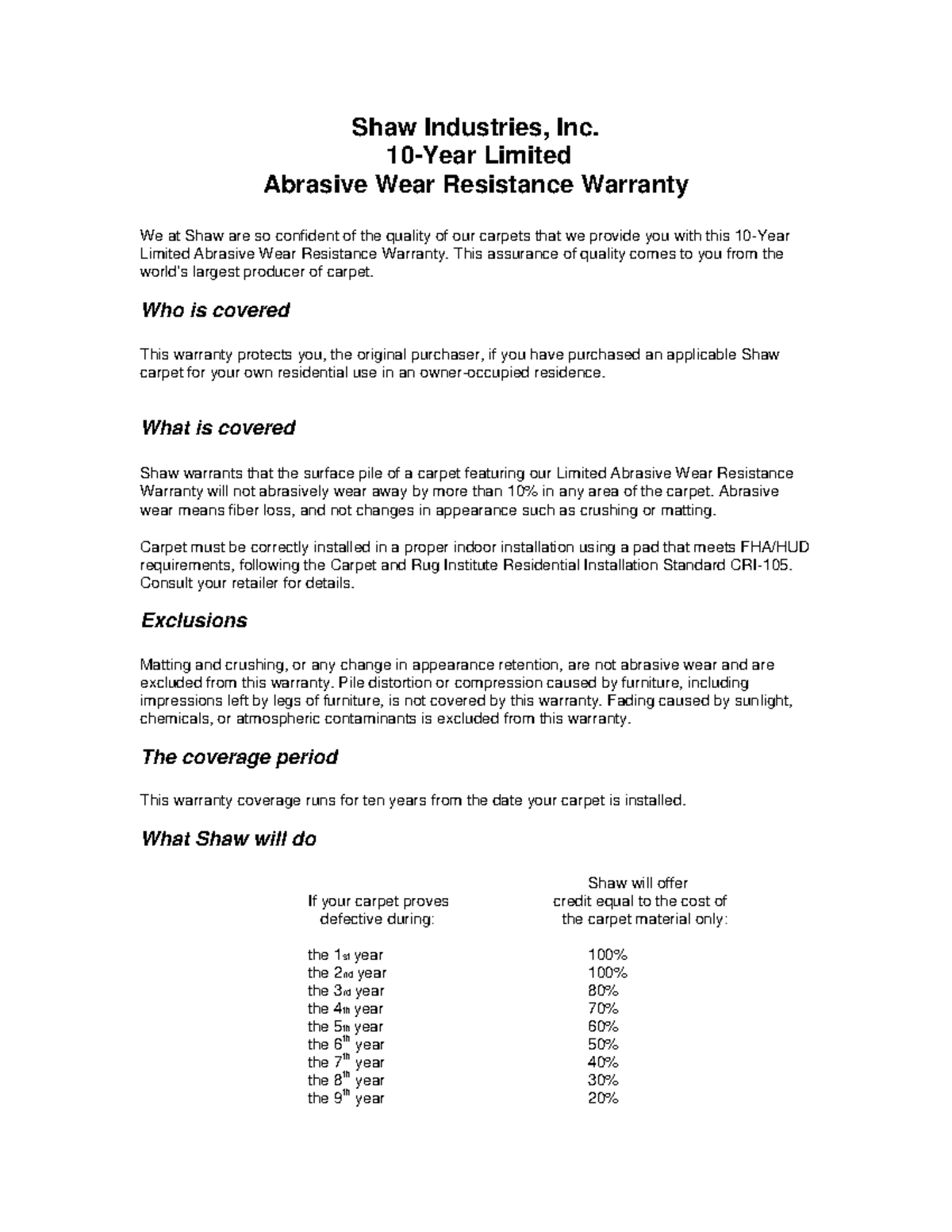 Trenton Warranty Document - Shaw Industries, Inc. 10-Year Limited ...
