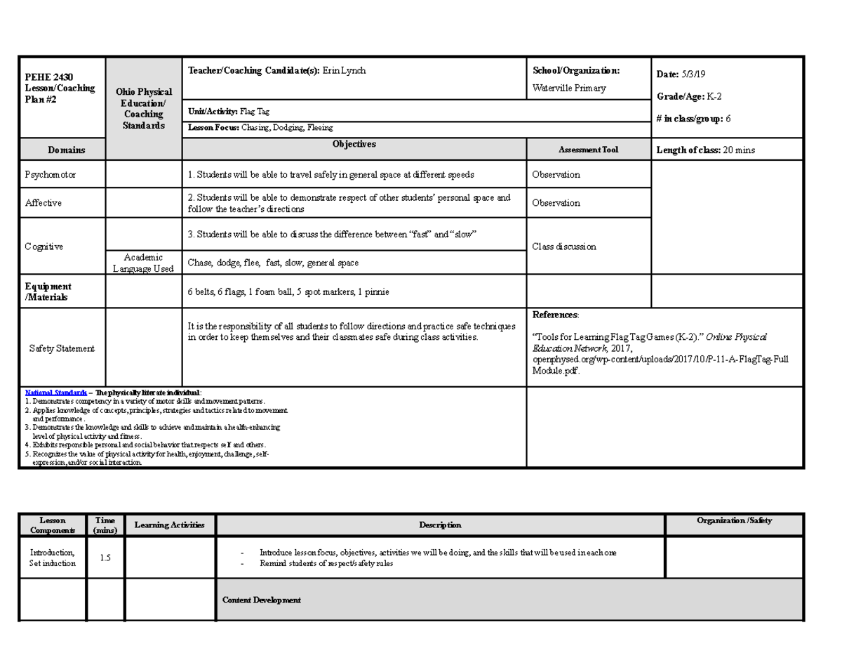 Flag Tag Lesson Plan - PEHE 2430 Lesson/Coaching Plan Ohio Physical ...