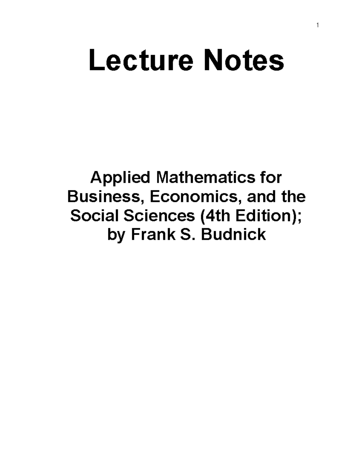Lecture Notes Applied Mathematics for Business, Economics, and the ...