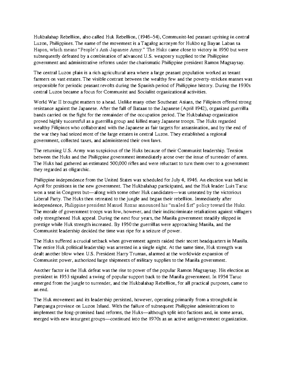 Kas 1 - Opposition to the Philippine Gov't - Hukbalahap Rebellion, also ...