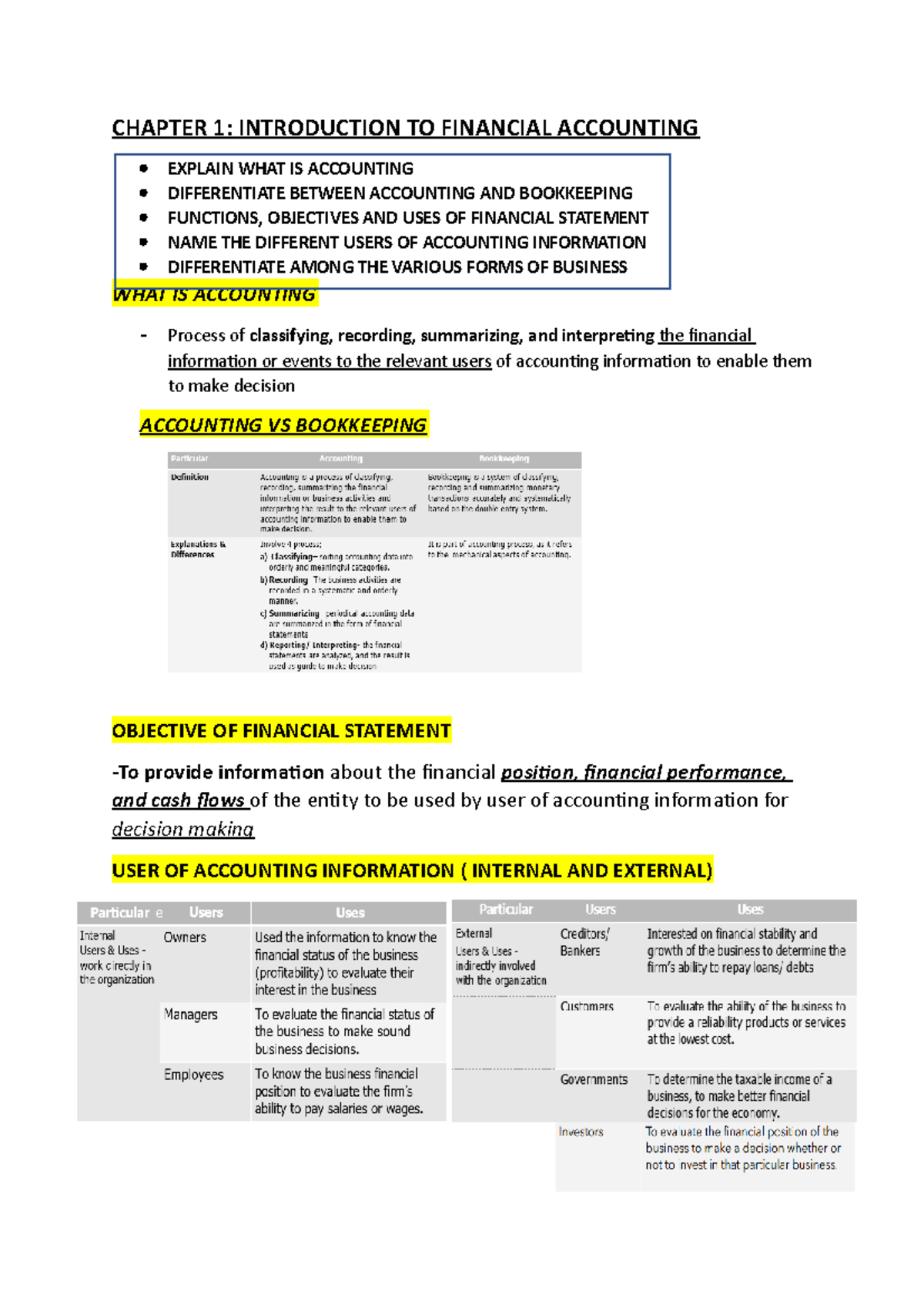 ACC NOTE - acc note for sem 1 - CHAPTER 1: INTRODUCTION TO FINANCIAL ...