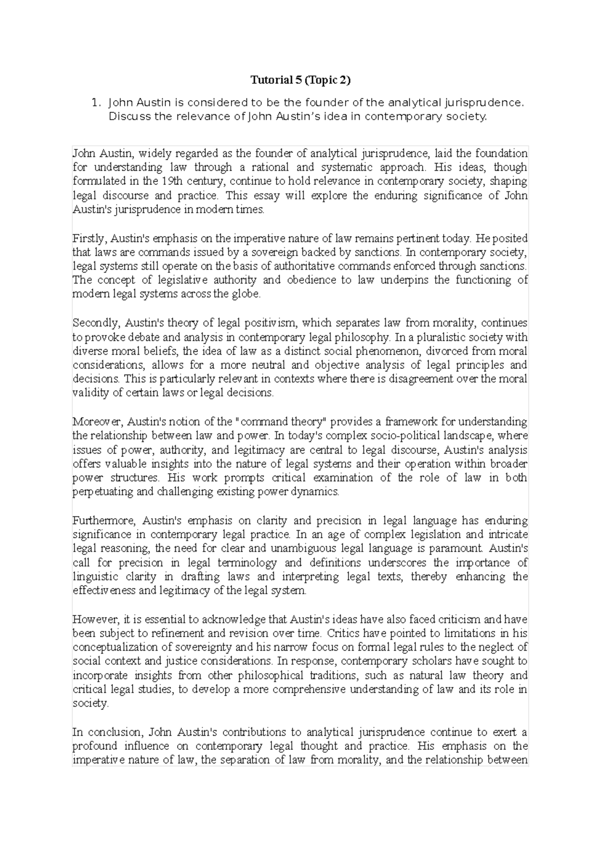 Tutorial chapter 2 - jurisprudence - Tutorial 5 (Topic 2) 1. John ...