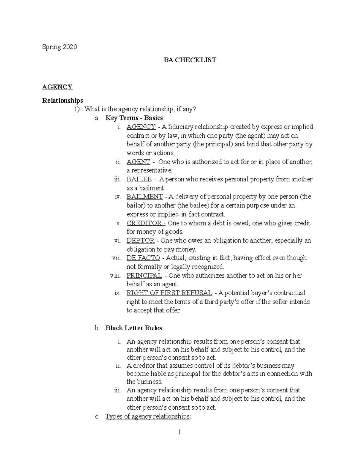 Business Associations Checklist - Spring 2020 BA CHECKLIST AGENCY ...