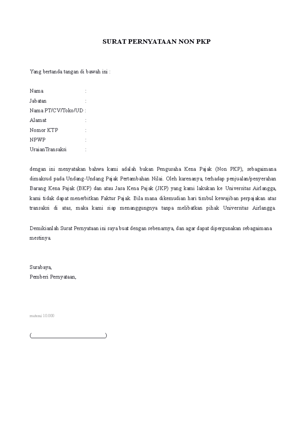 1678239326 surat pernyataan non pkp - SURAT PERNYATAAN NON PKP Yang ...