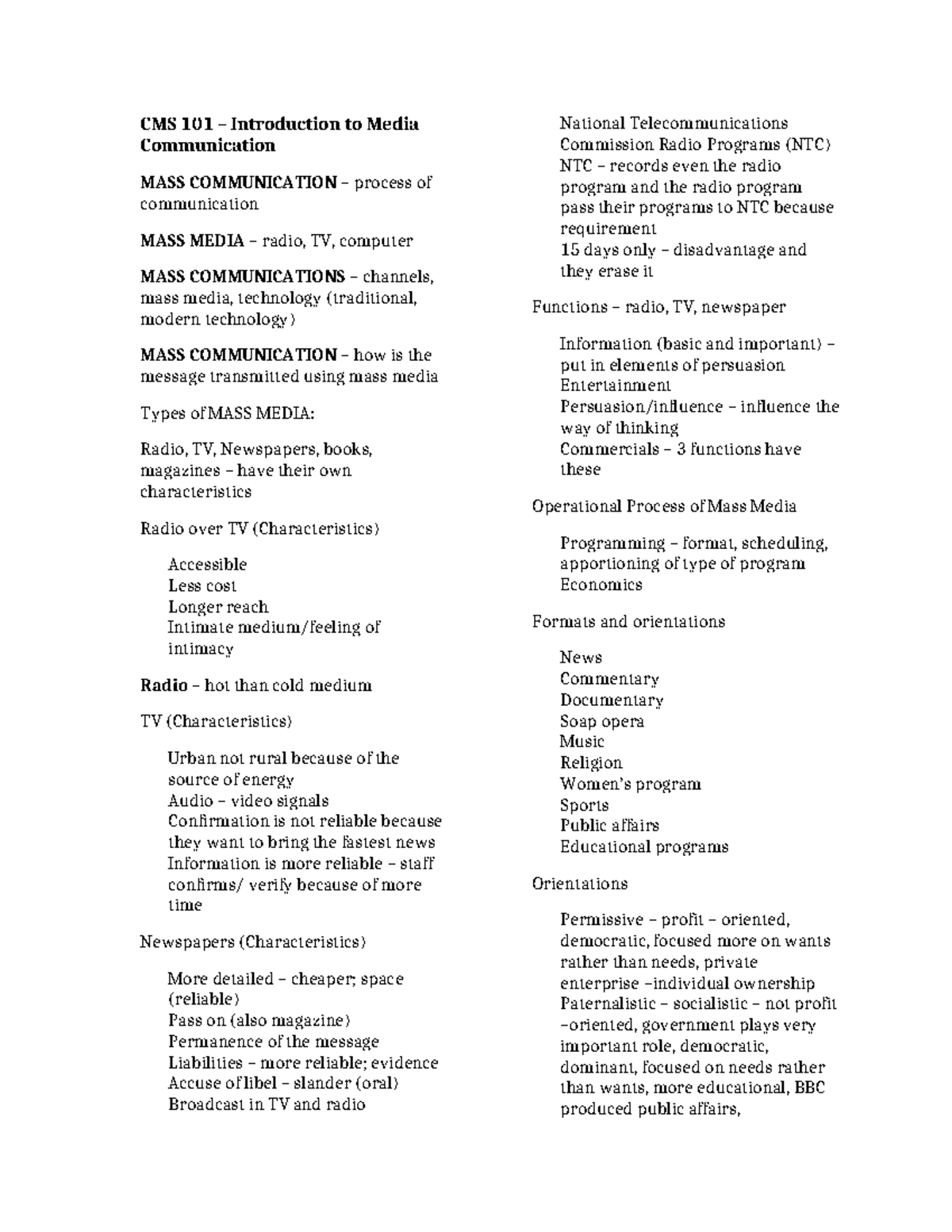 Notes in CMS 101 - CMS 101 – Introduction to Media Communication MASS ...