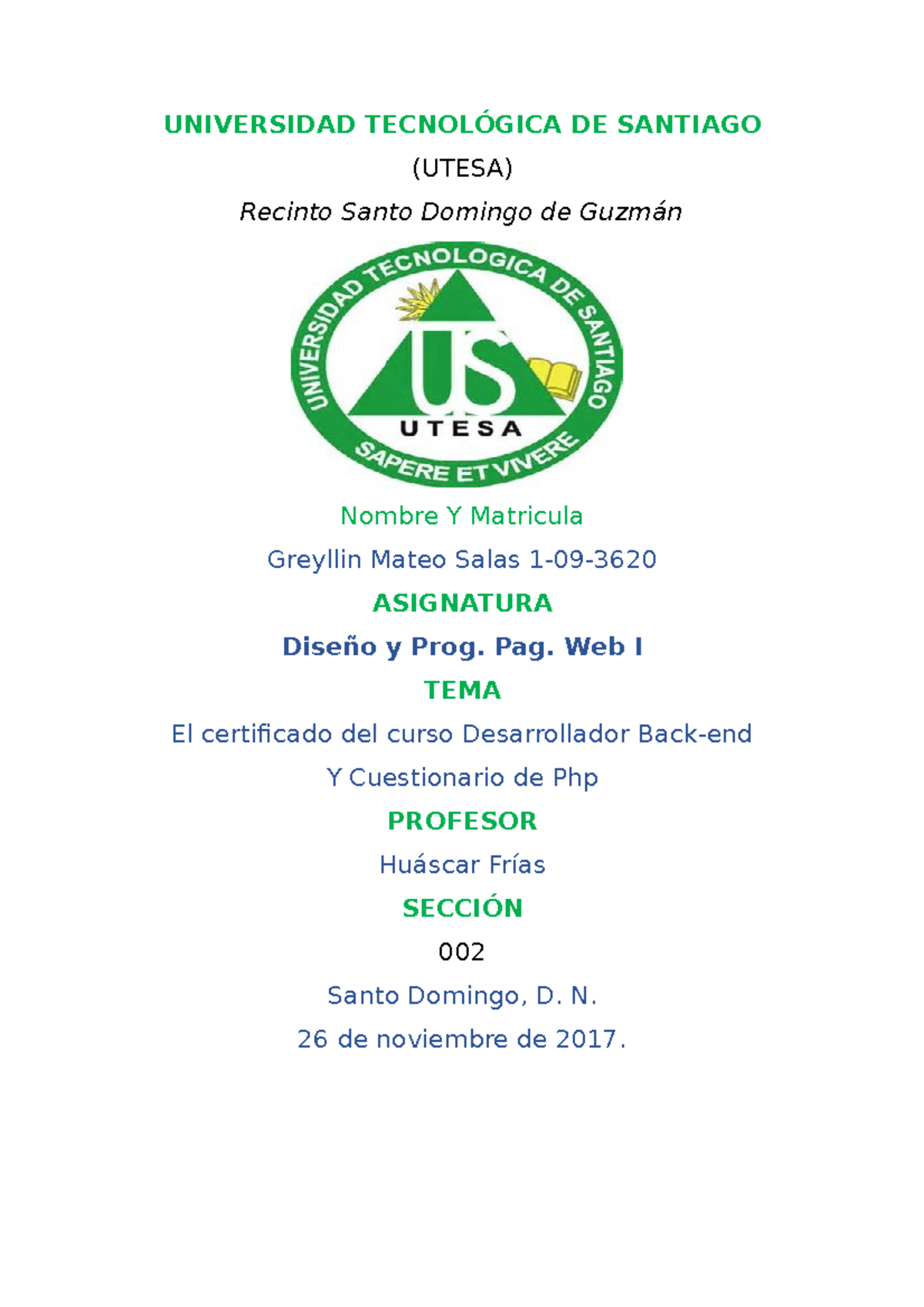 Pagina web - Es una practica - UNIVERSIDAD TECNOLÓGICA DE SANTIAGO ...