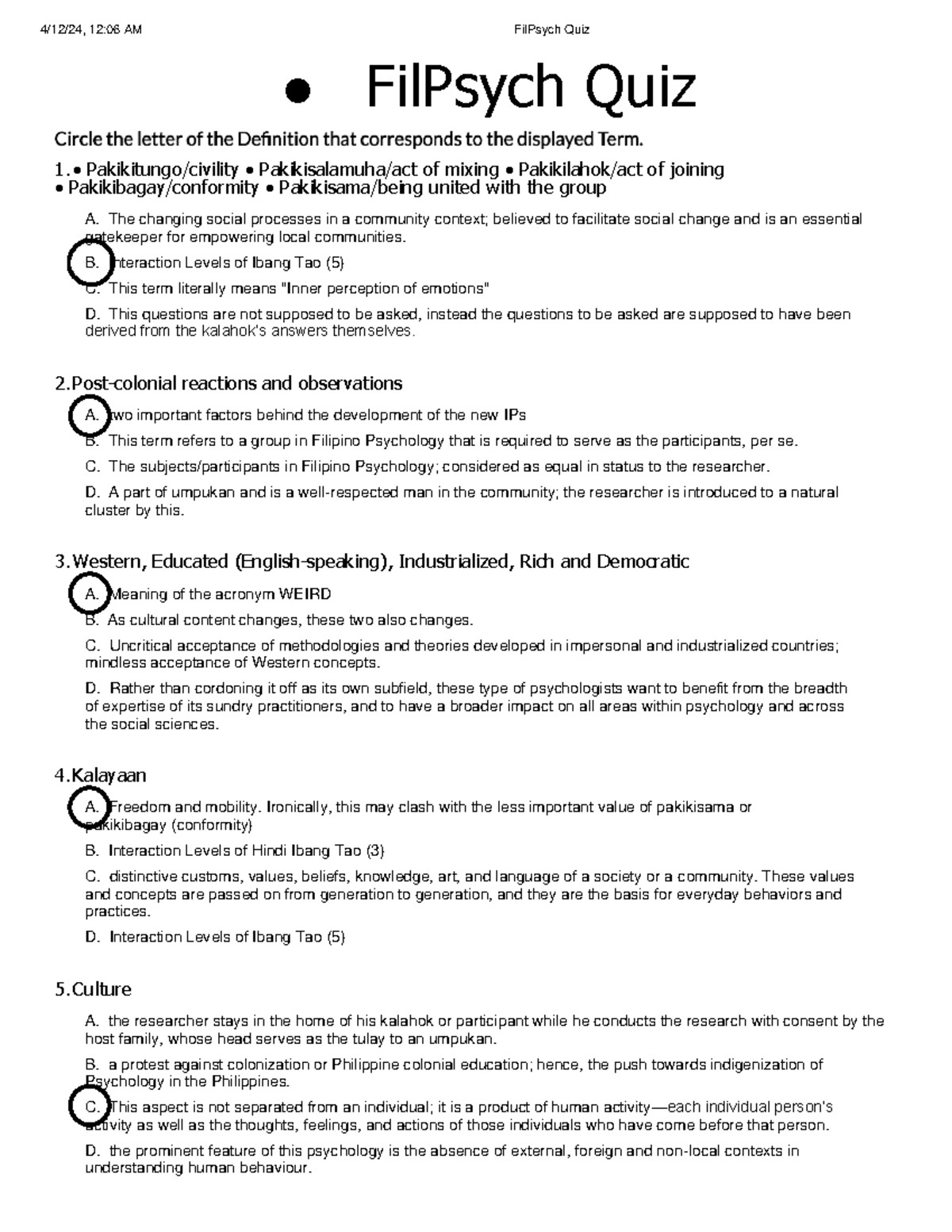 Fil Psych Quiz - FilPsych Quiz 1. • Pakikitungo/civility ...