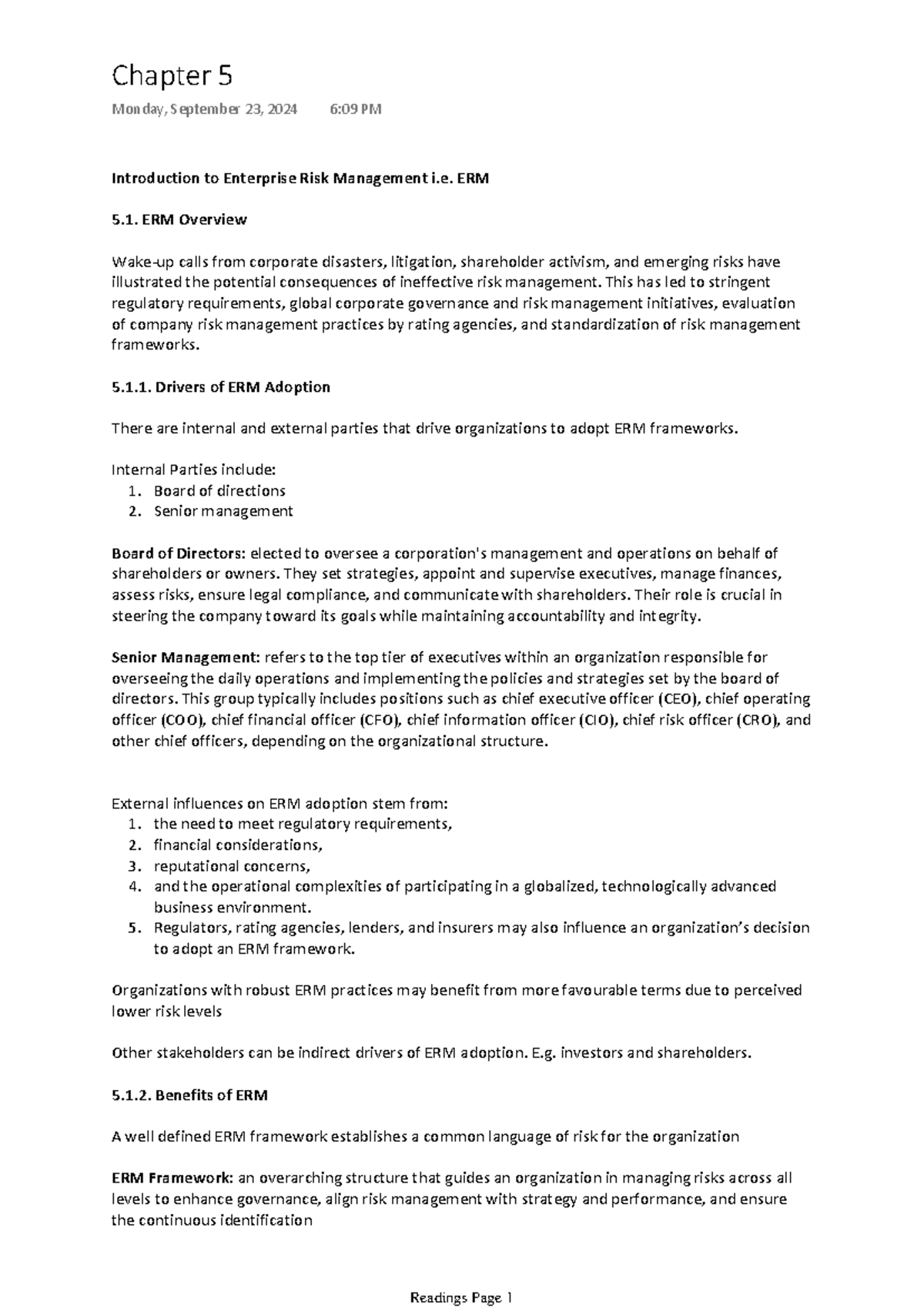 Chapter 5 - Risk Management - Introduction to Enterprise Risk Management i. ERM 5. ERM Overview ...