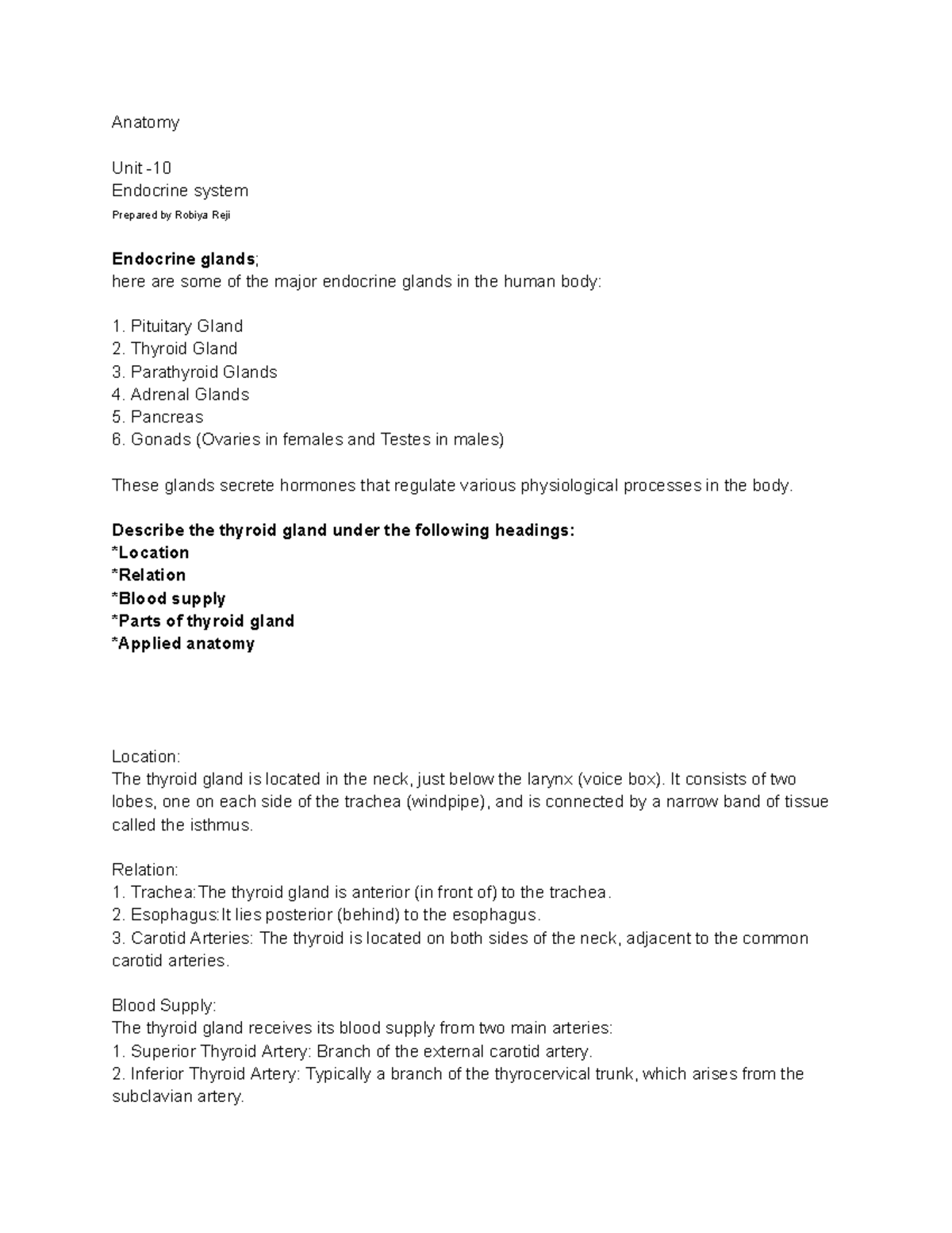 Detailed notes of Endocrine system and its functions - Anatomy Unit ...